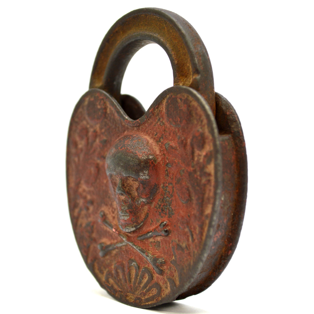 Antique STORY PADLOCK Figural SKULL & CROSSBONES w/ Key POISON/PIRATE ...