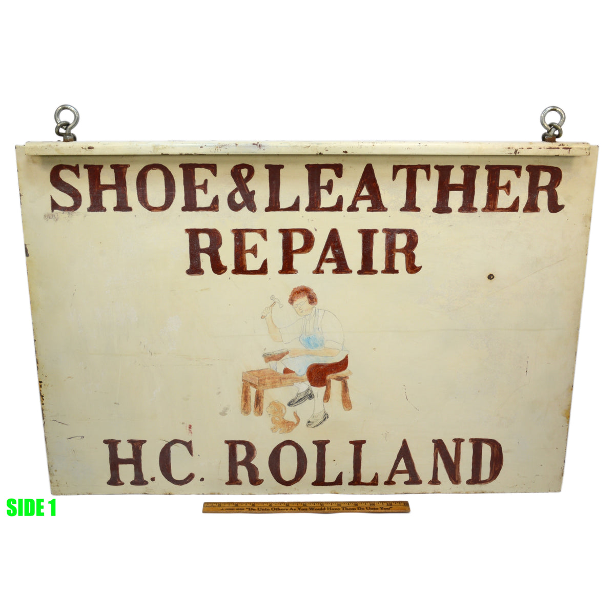 Vintage HAND-PAINTED "SHOE REPAIR" COBBLER SIGN Double-Sided Steel "H ...