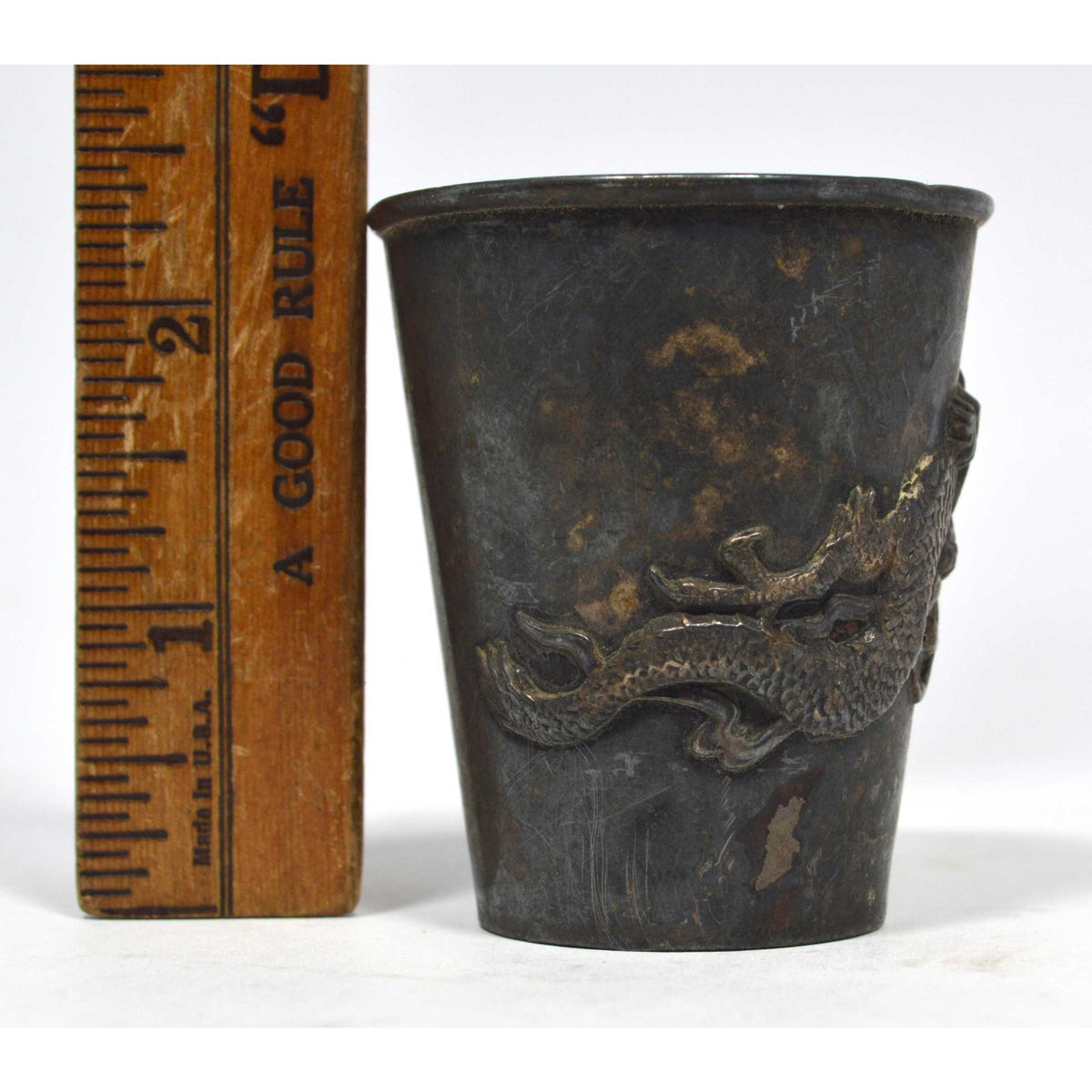 VTG/Antique ASIAN HALLMARKED PEWTER CUP Metal Shot Glass EMBOSSED ORNA ...