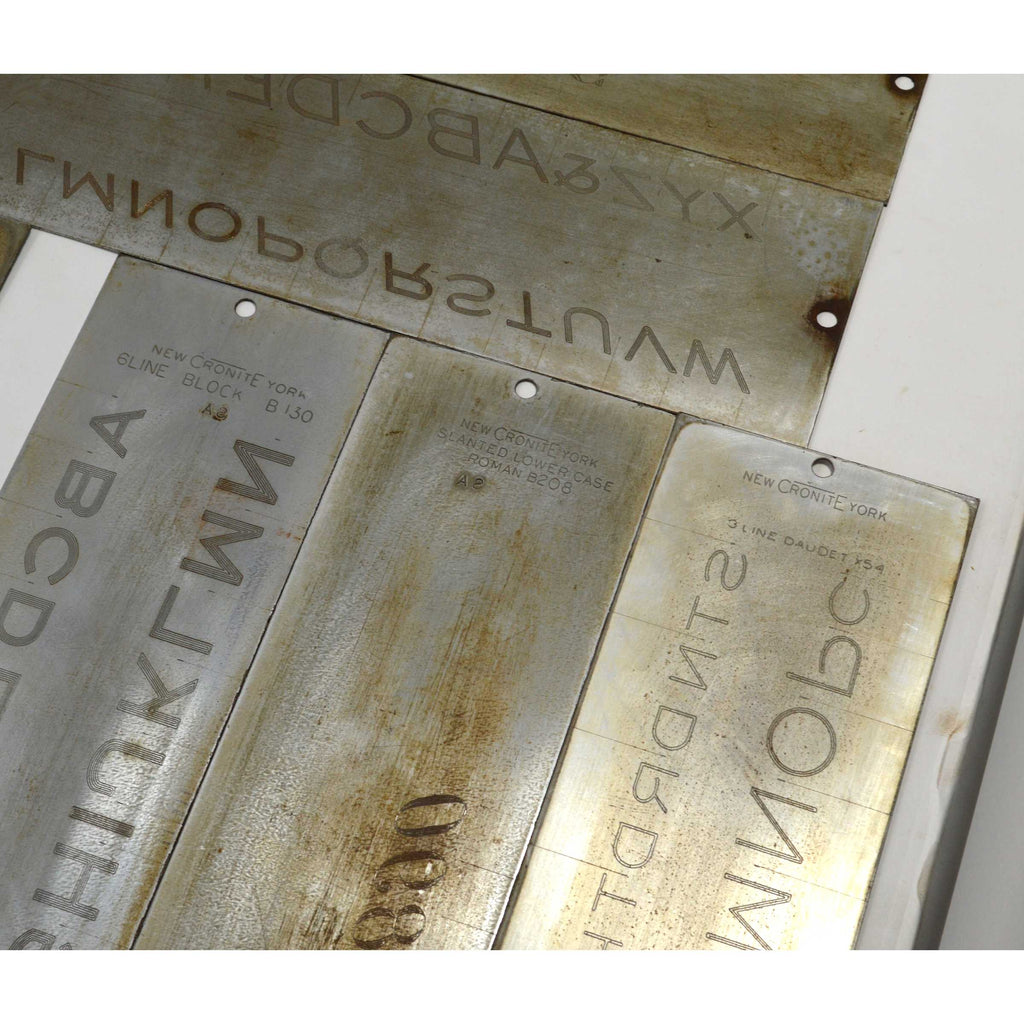 Antique "CRONITE" ENGRAVING FONT PLATE Lot of 11 Plates for ENGRAVER/P ...