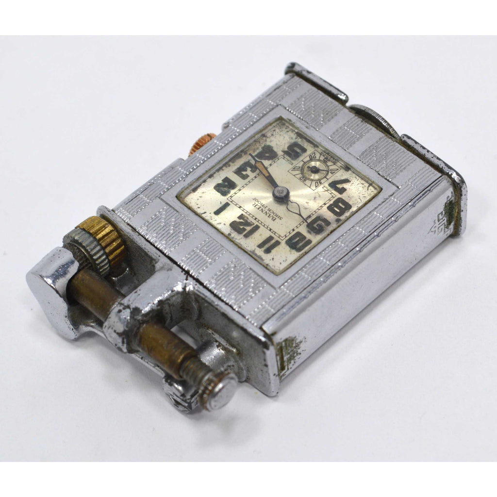 Antique MONROE "LIFT-ARM" LIGHTER w/ Working BANNER "SHOCK PROOF" CLOC ...