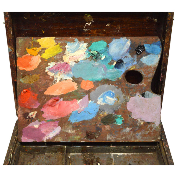 Antique ARTIST'S PAINTERS BOX Hardwood w/ Metal ORIGINAL PAINTED PALET ...