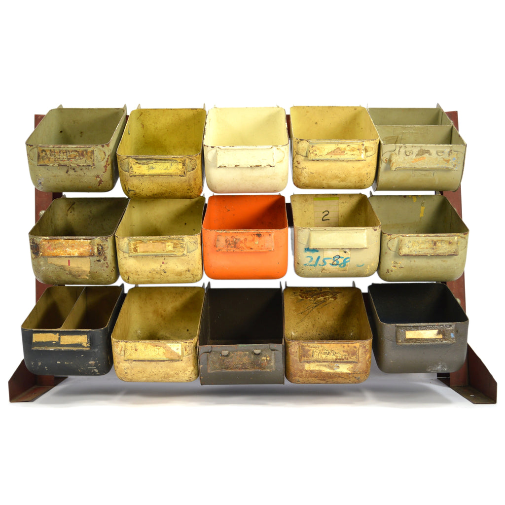 Vintage METAL PARTS BIN RACK 3-Rows, 15 Bins by "SP SYSTEMS INC." of D ...