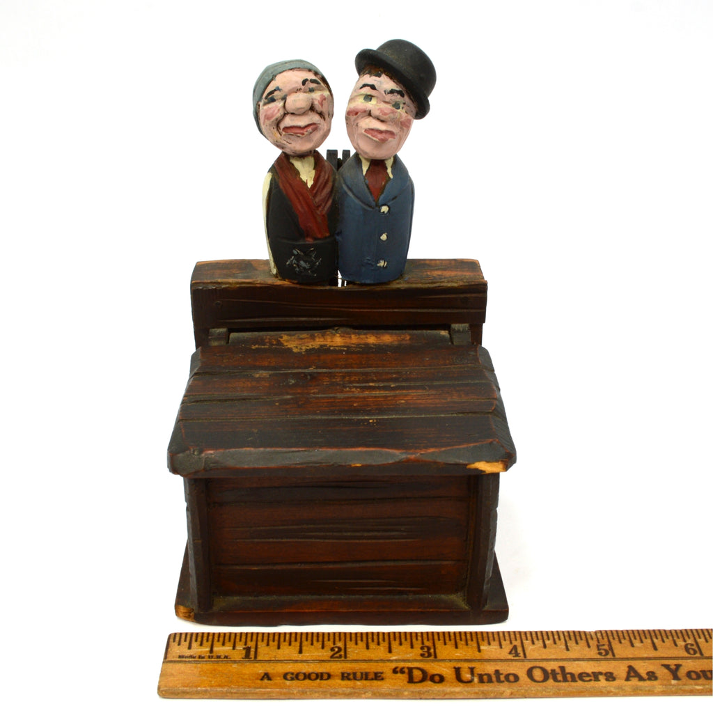 Antique FOLK ART TRINKET BOX Figural Man/Woman MECHANICAL LID/NECK ACT ...