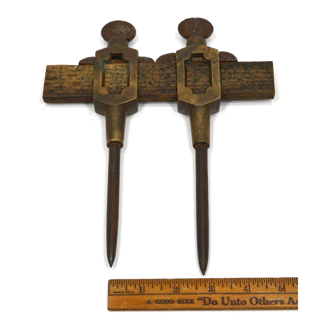 Antique BRASS & GUNMETAL TRAMMEL POINTS Unbranded HARDWOOD BEAM COMPAS ...