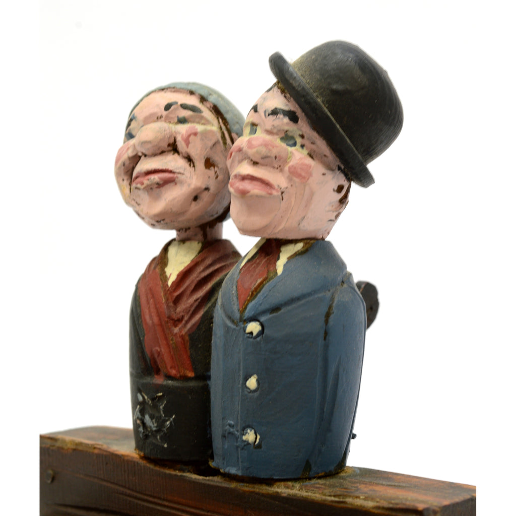 Antique FOLK ART TRINKET BOX Figural Man/Woman MECHANICAL LID/NECK ACT ...