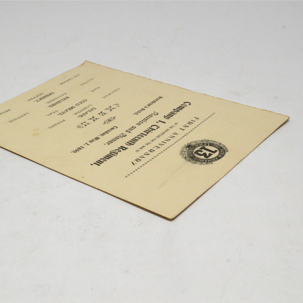 Antique MILITARY REUNION DINNER INVITATION May 2, 1899 COMPANY I, 13TH ...