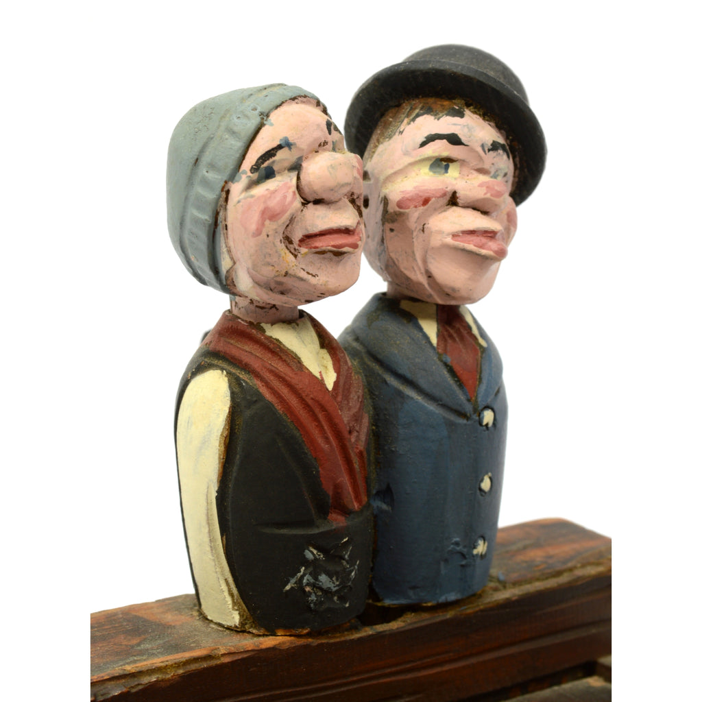 Antique FOLK ART TRINKET BOX Figural Man/Woman MECHANICAL LID/NECK ACT ...