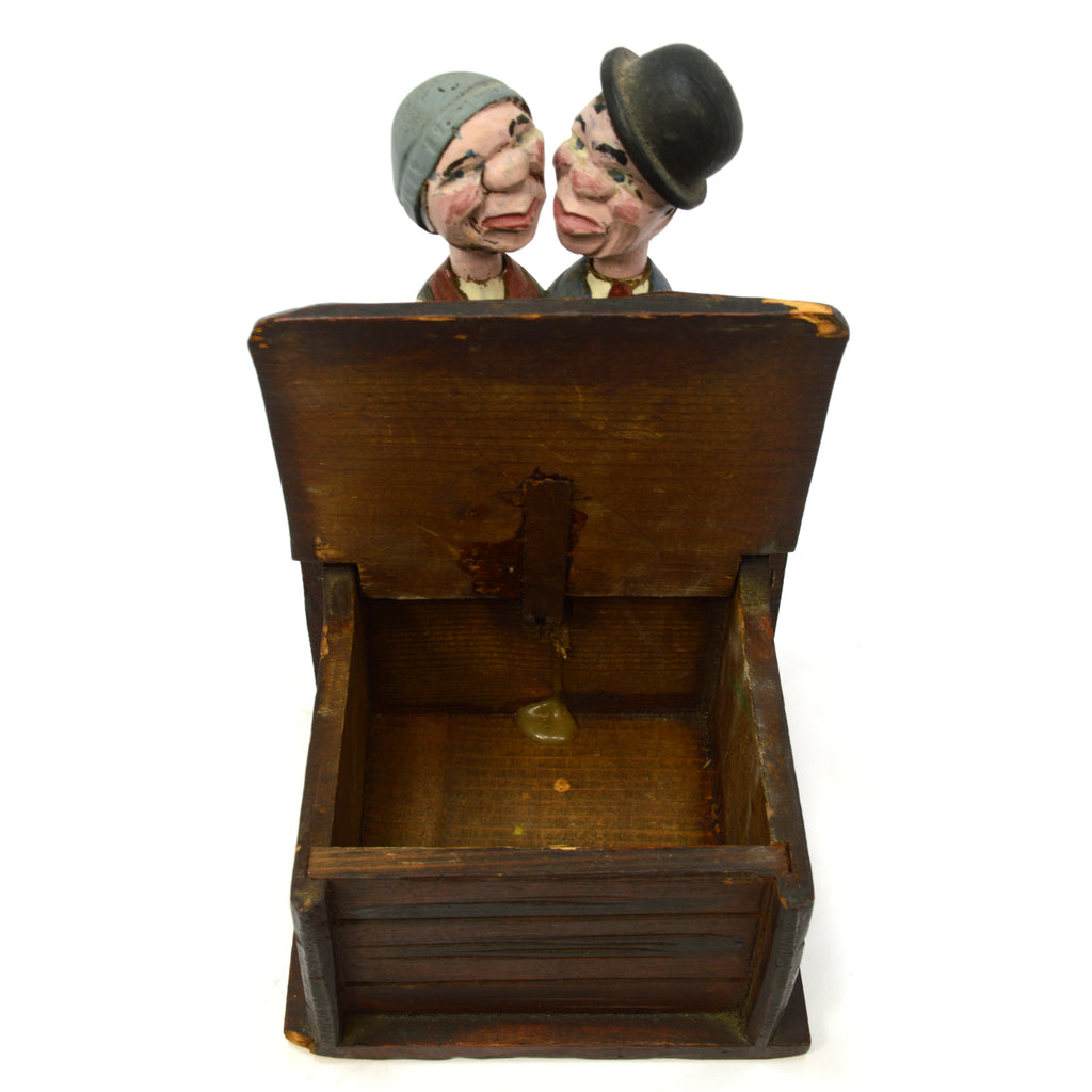 Antique FOLK ART TRINKET BOX Figural Man/Woman MECHANICAL LID/NECK ACT ...