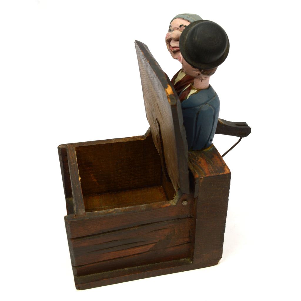Antique FOLK ART TRINKET BOX Figural Man/Woman MECHANICAL LID/NECK ACT ...