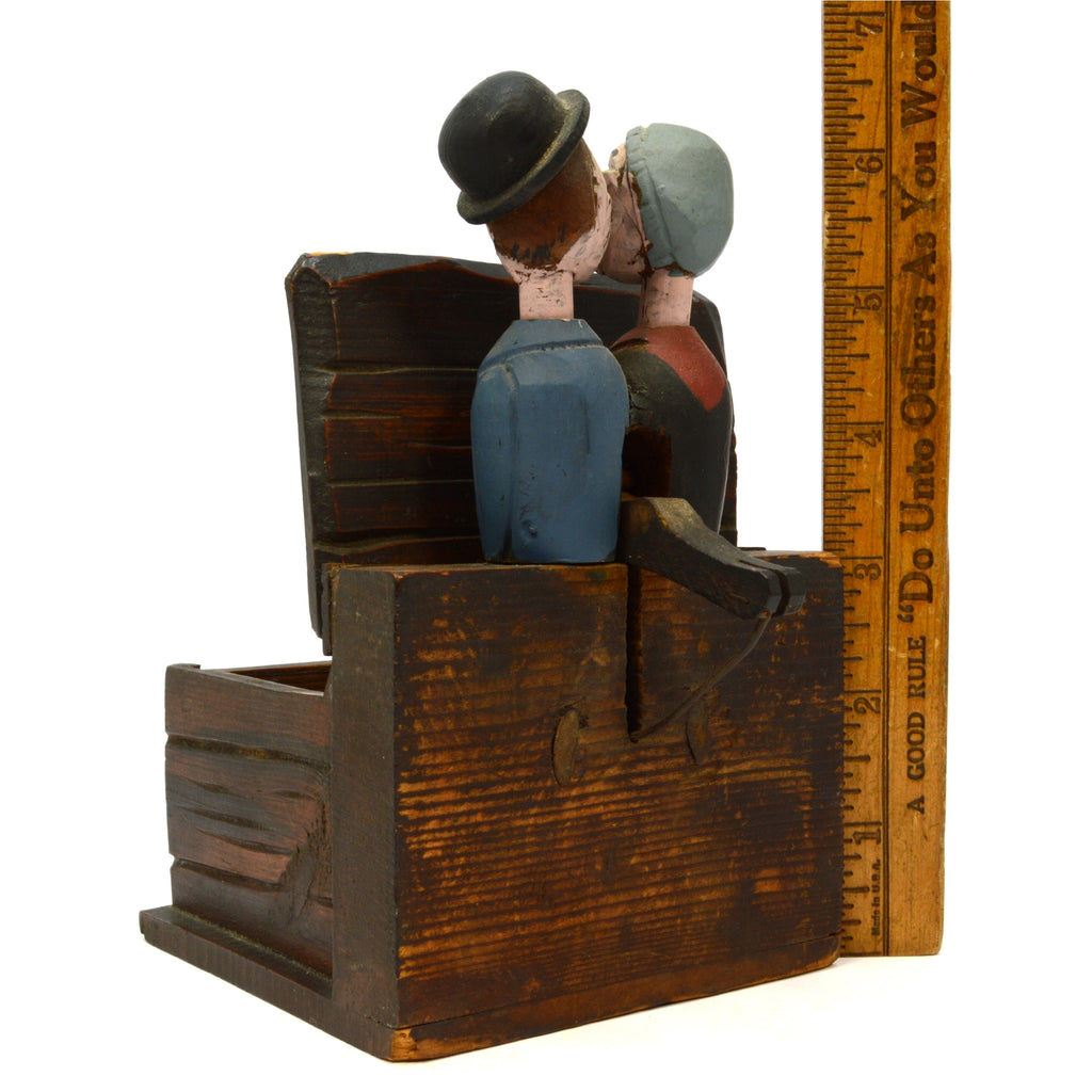 Antique FOLK ART TRINKET BOX Figural Man/Woman MECHANICAL LID/NECK ACT ...