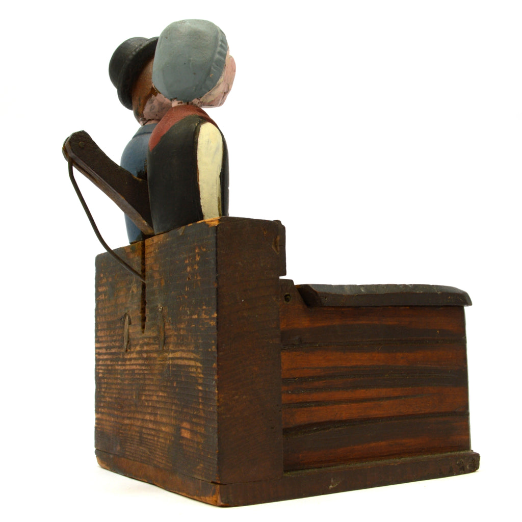 Antique FOLK ART TRINKET BOX Figural Man/Woman MECHANICAL LID/NECK ACT ...