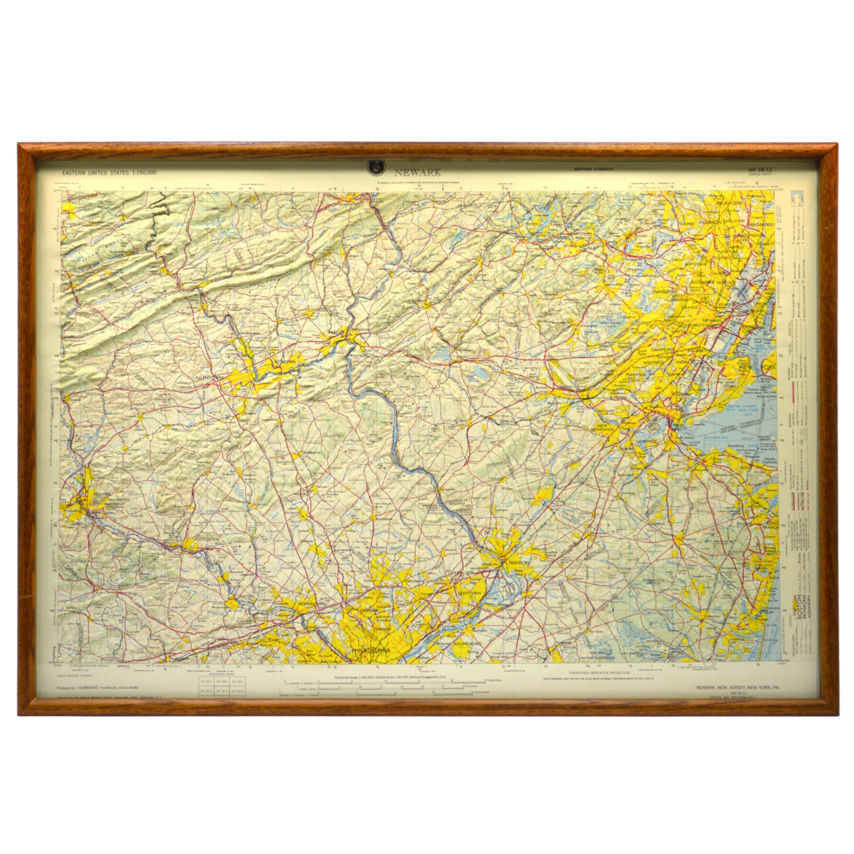 Vintage FRAMED 3D TOPOGRAPHICAL MAP Topo of NEWARK NJ, NY & PA by HUBB ...