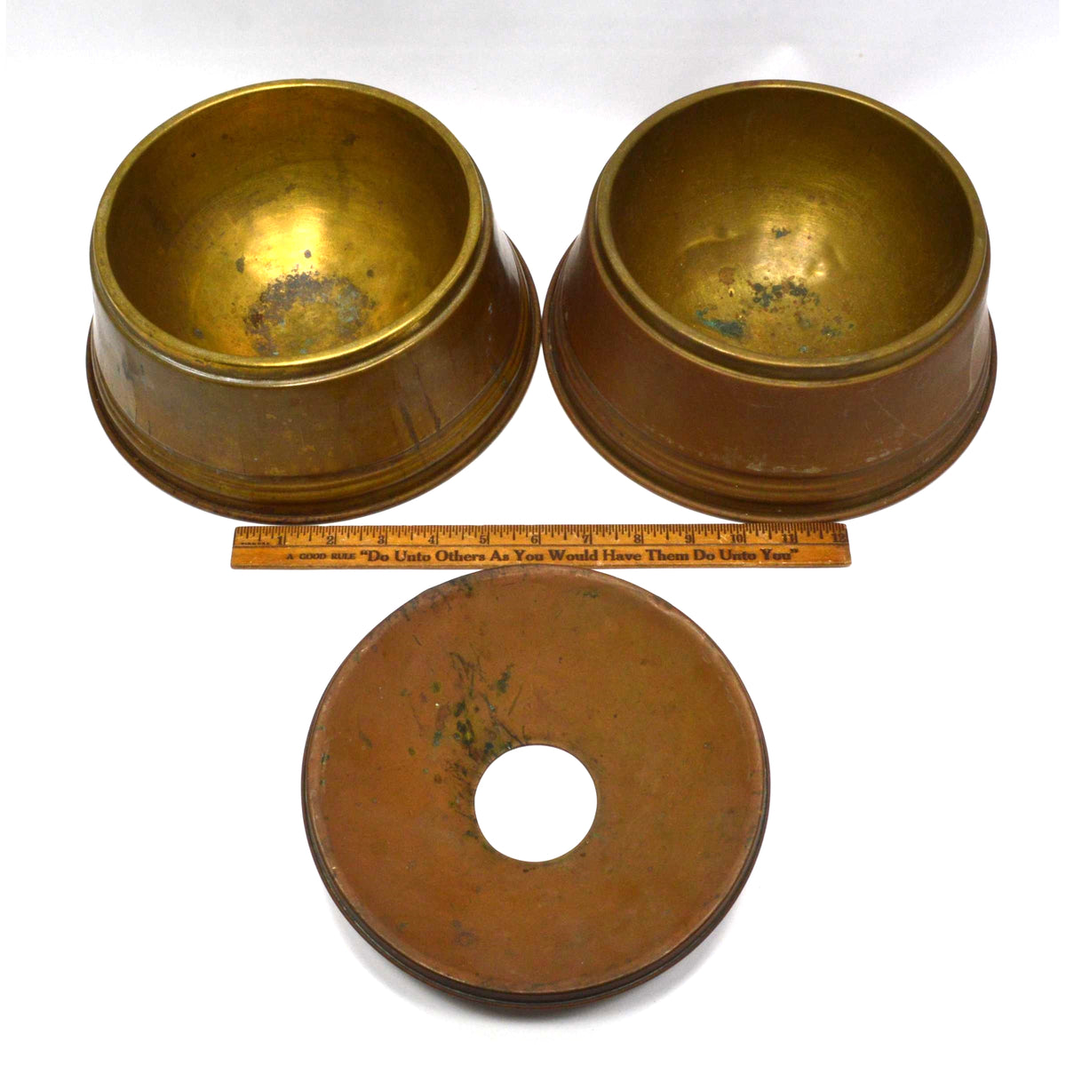 Antique BRASS-LINED COPPER FEED BOWLS & FUNNEL(?) for Dogs / Animals ...